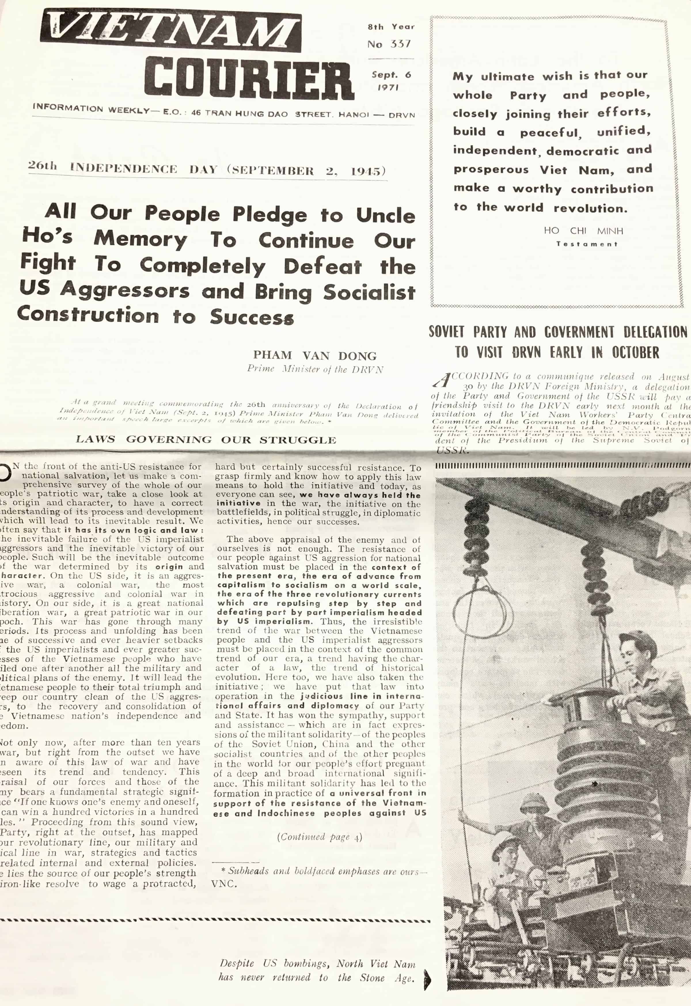 North Vietnamese Hanoi Propaganda Newspaper in English September 6 ...