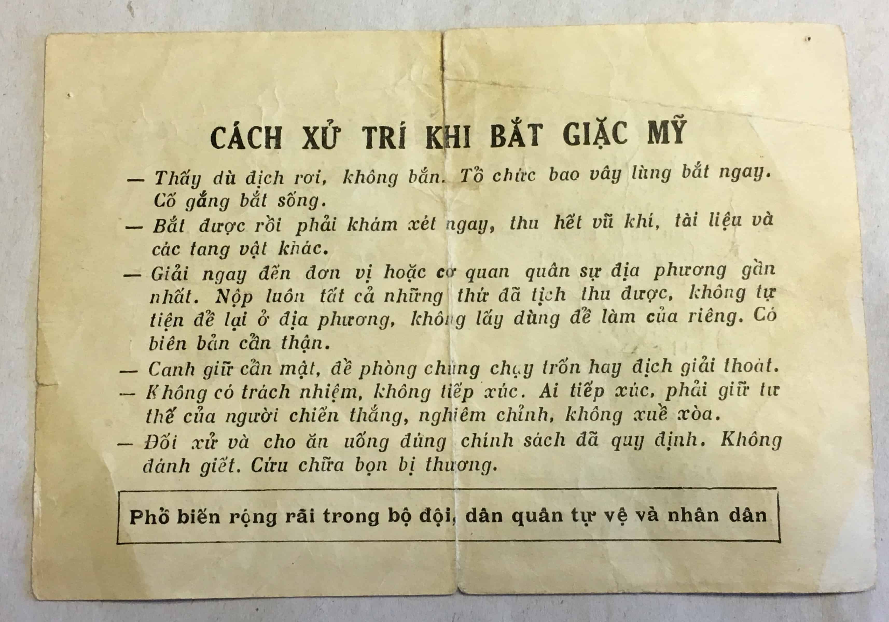 North Vietnamese Army Viet Cong Card on Capturing and Managing American ...