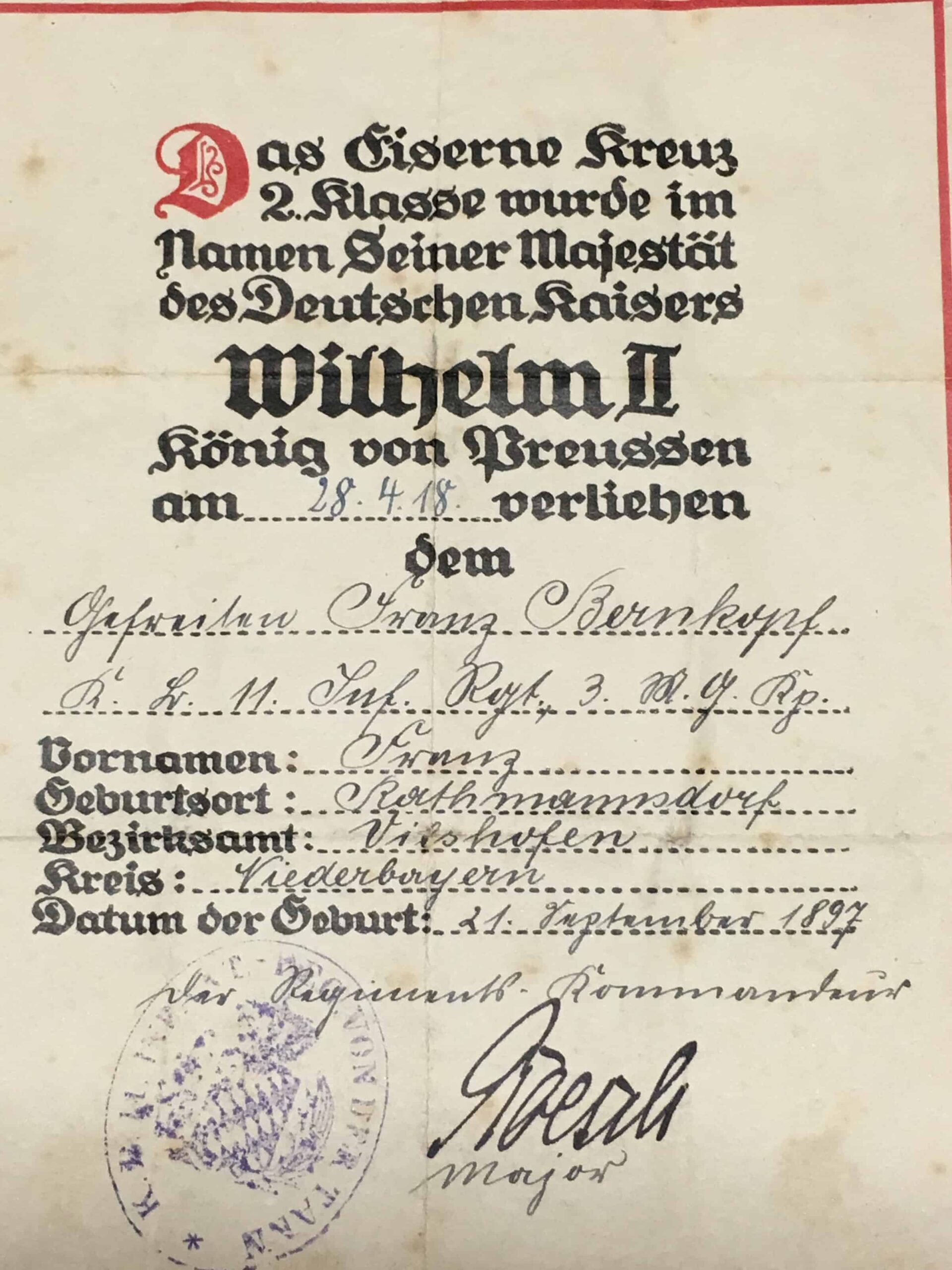 WW1 German Iron Cross Award Document to Machinegunner - Enemy Militaria