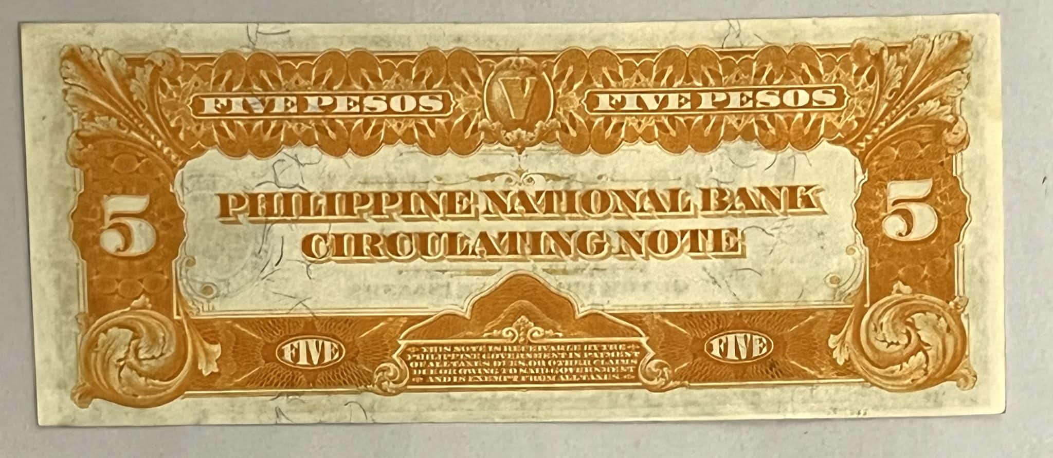 Philippino 5 Peso Note Pre-1941 Japanese WW2 or US WW2 - Enemy Militaria