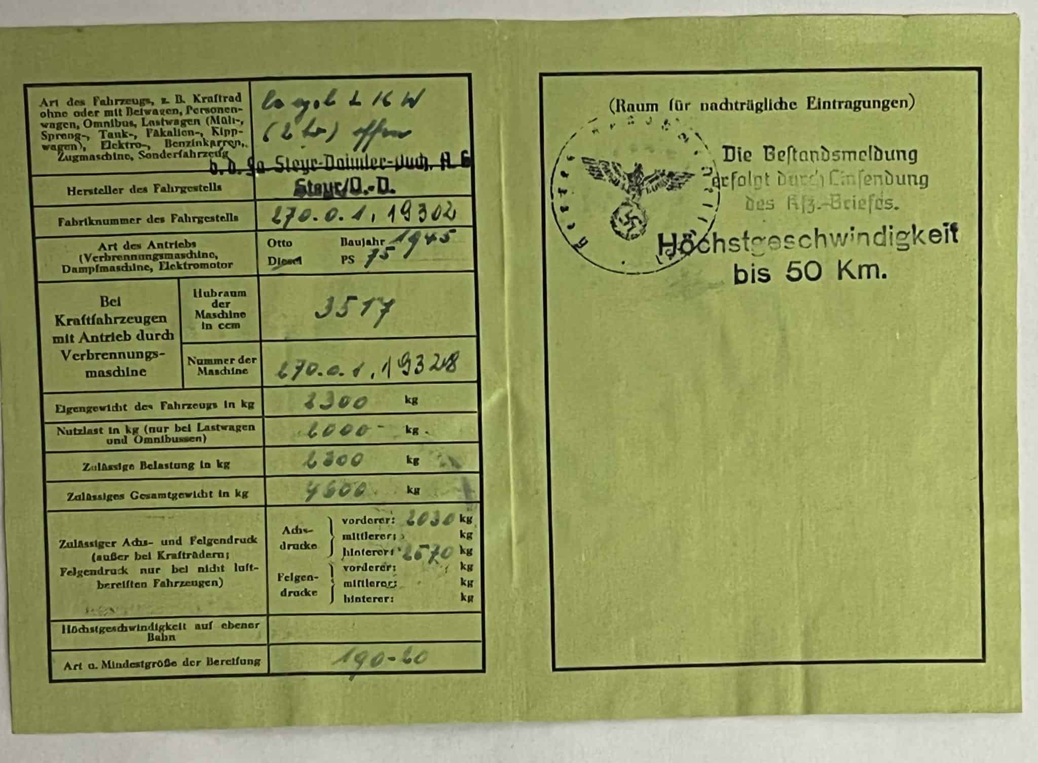 German WW2 Vehicle Registration Card - Enemy Militaria