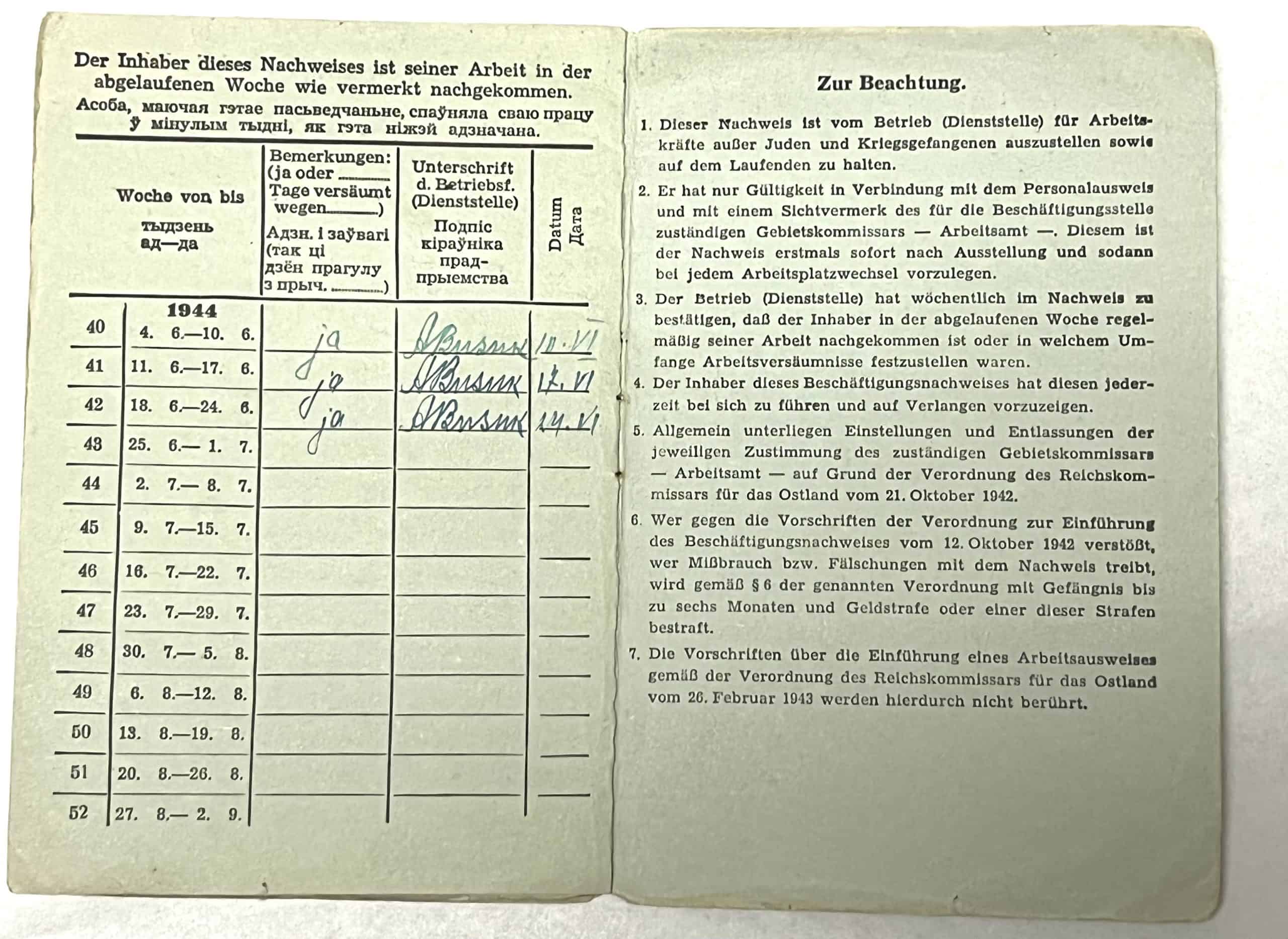 German WW2 Proof of Employment Document with Russian - Enemy Militaria