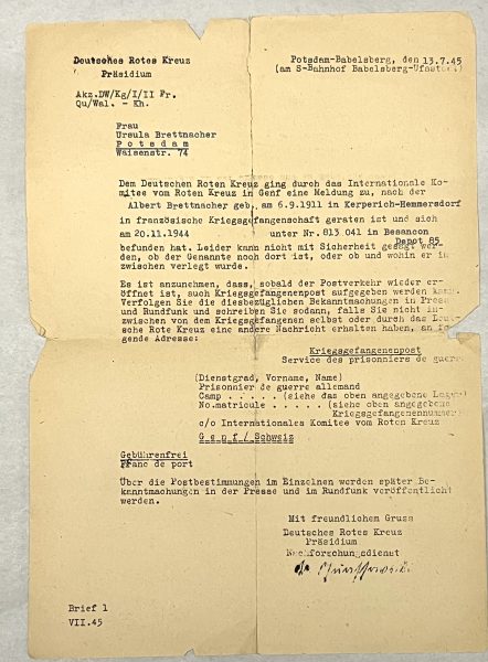 German Red Cross POW Notification Letter to Spouse - Enemy Militaria