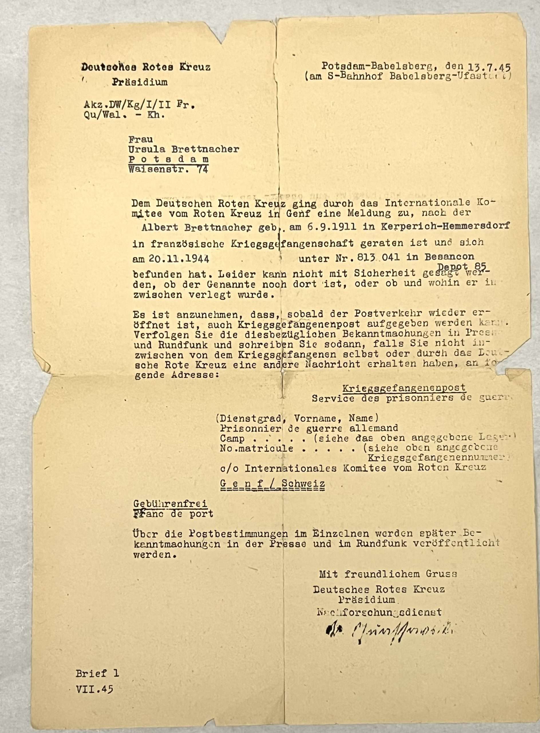 German Red Cross POW Notification Letter to Spouse - Enemy Militaria