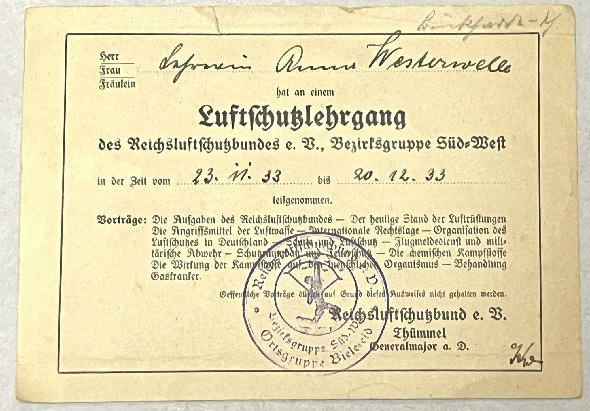 German WW2 Air Raid Course Certificate - Enemy Militaria