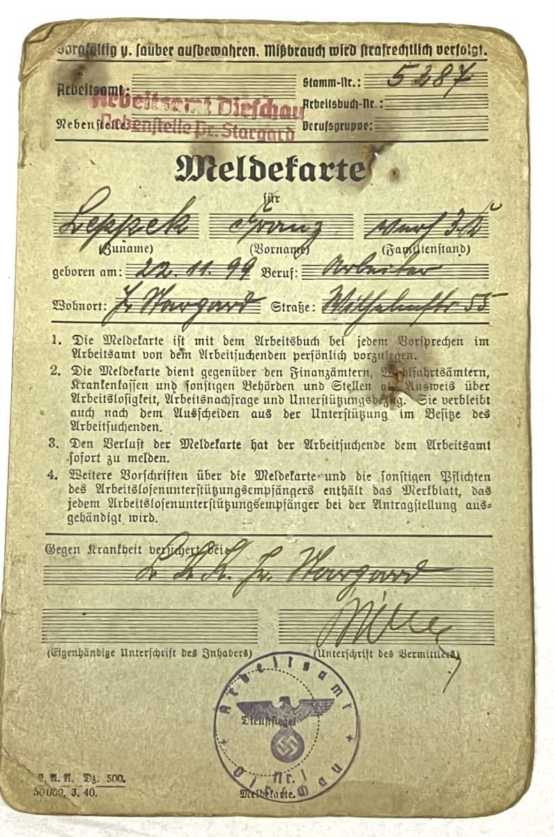 German WW2 Registration Cards 1939 - 1940 entries - Enemy Militaria