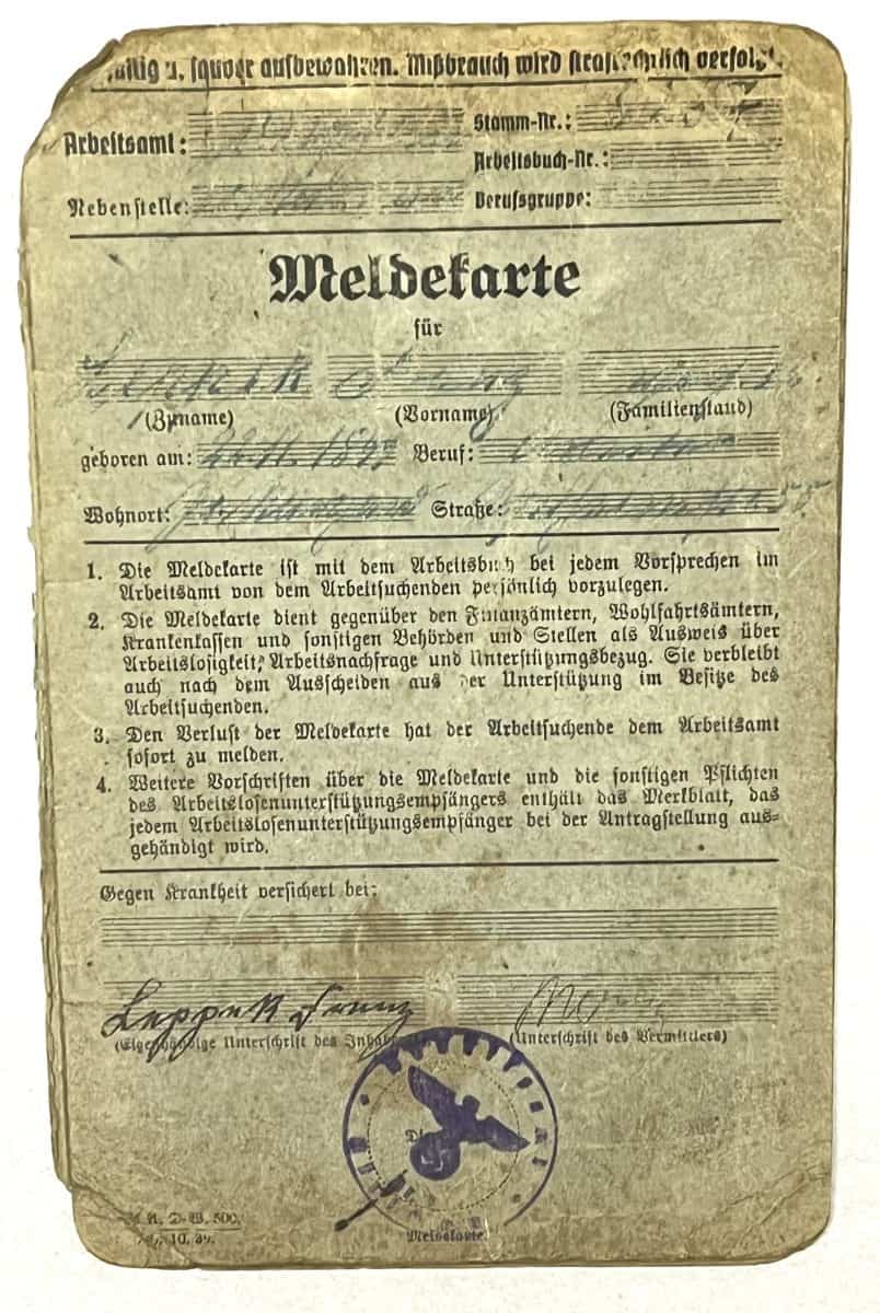 German WW2 Registration Cards 1939 - 1940 entries - Enemy Militaria