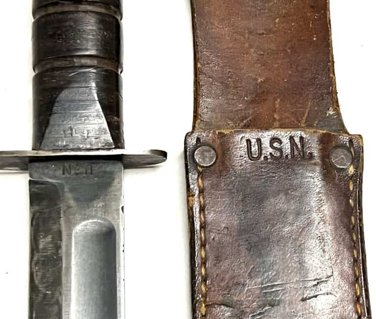 WW2 US Navy Mk2 KABAR Fighting Knife with USN Scabbard - Enemy Militaria