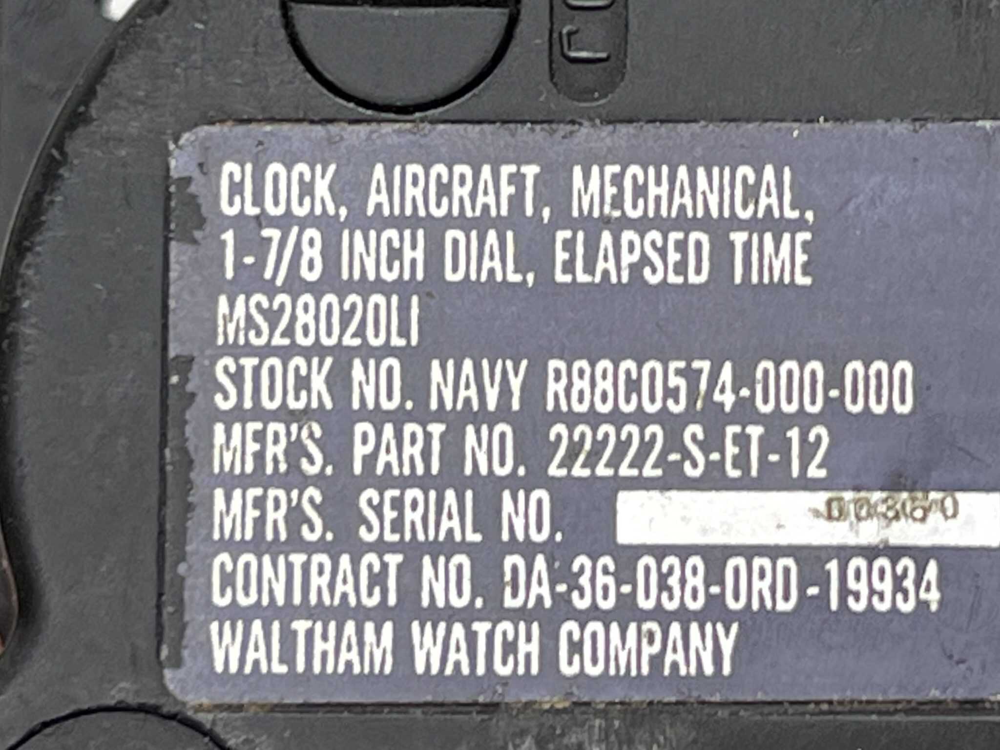 WW2 US Navy Elapsed Time Clock from Airplane Cockpit - Enemy Militaria