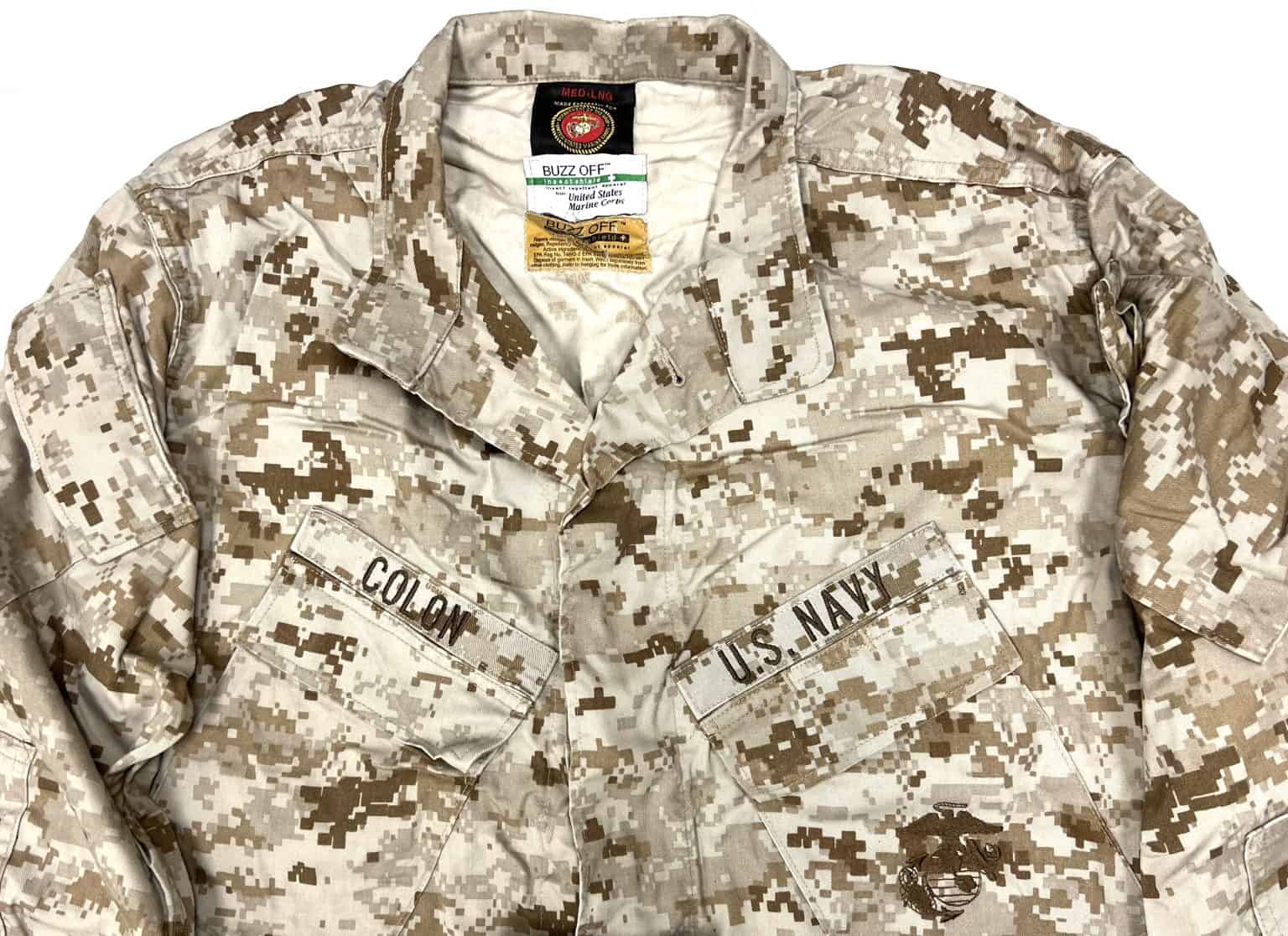 USMC Marpat Camouflage to US NAVY COLON Med Long Jacket Buzz Off ...