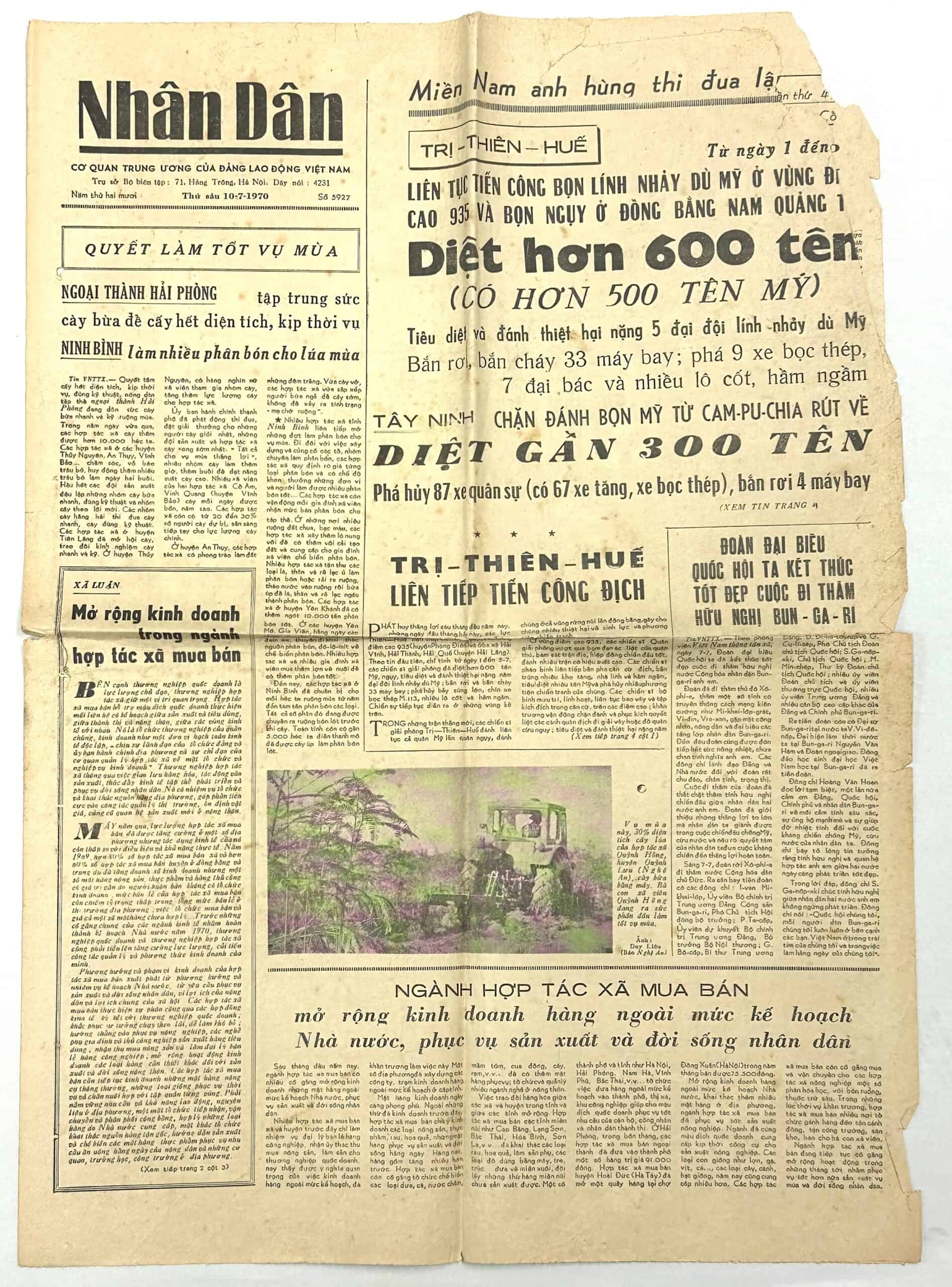 North Vietnamese Army Newspaper July 10, 1970 >500 Americans & 300 ...