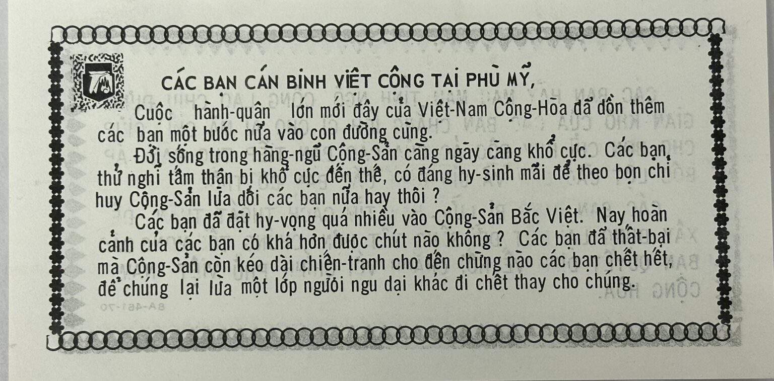 Chieu Hoi Leaflet # 8A-461-70 - Enemy Militaria