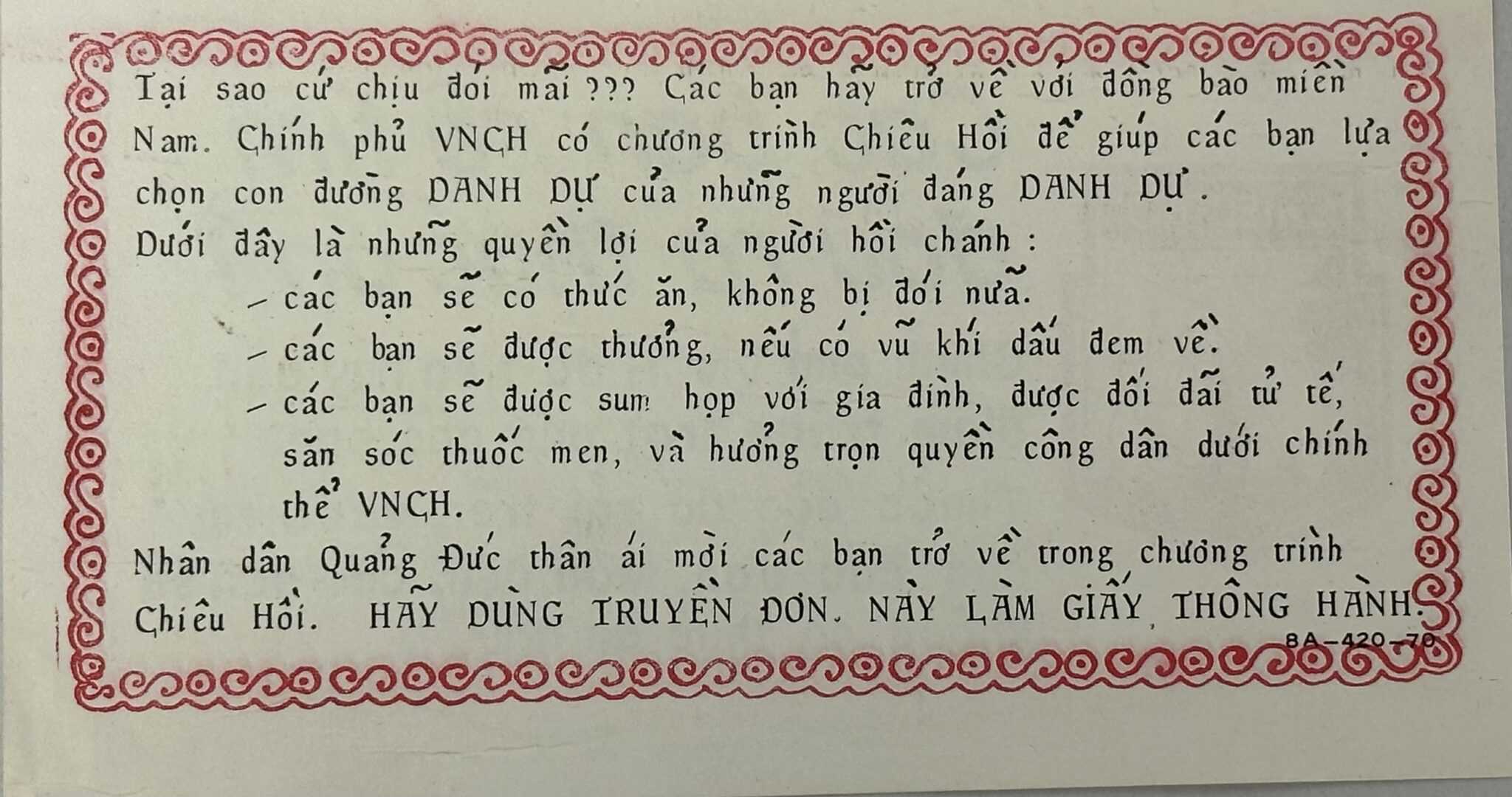 Chieu Hoi Leaflet Red # 8A-420-70 - Enemy Militaria