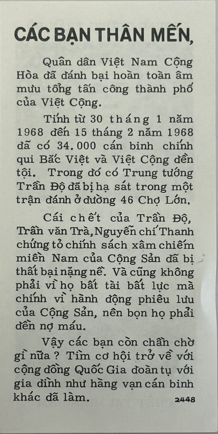 Chieu Hoi Leaflet Dead VC # 2448 - Enemy Militaria