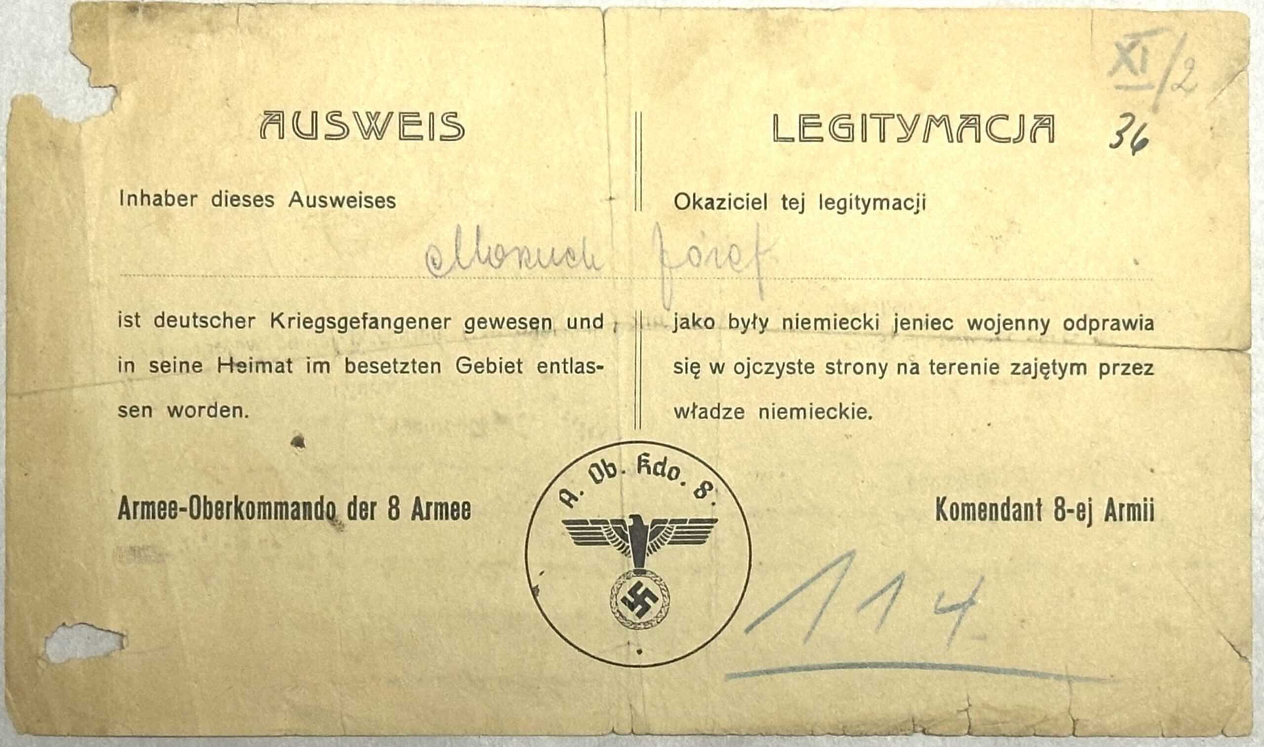 WW2 German Travel Identification For Released Polish POW - Enemy Militaria