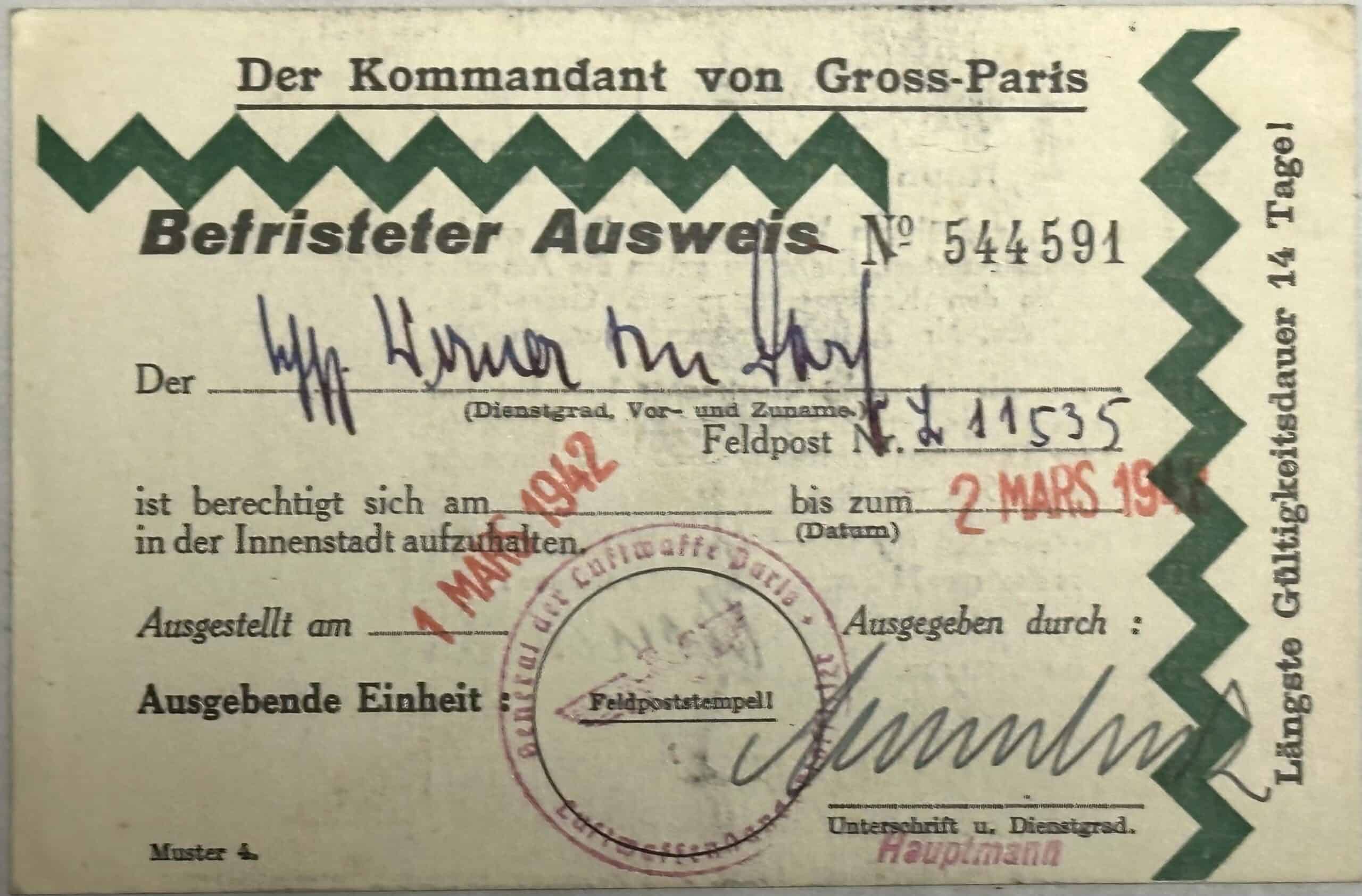 WW2 German Two Day Paris Pass - Enemy Militaria