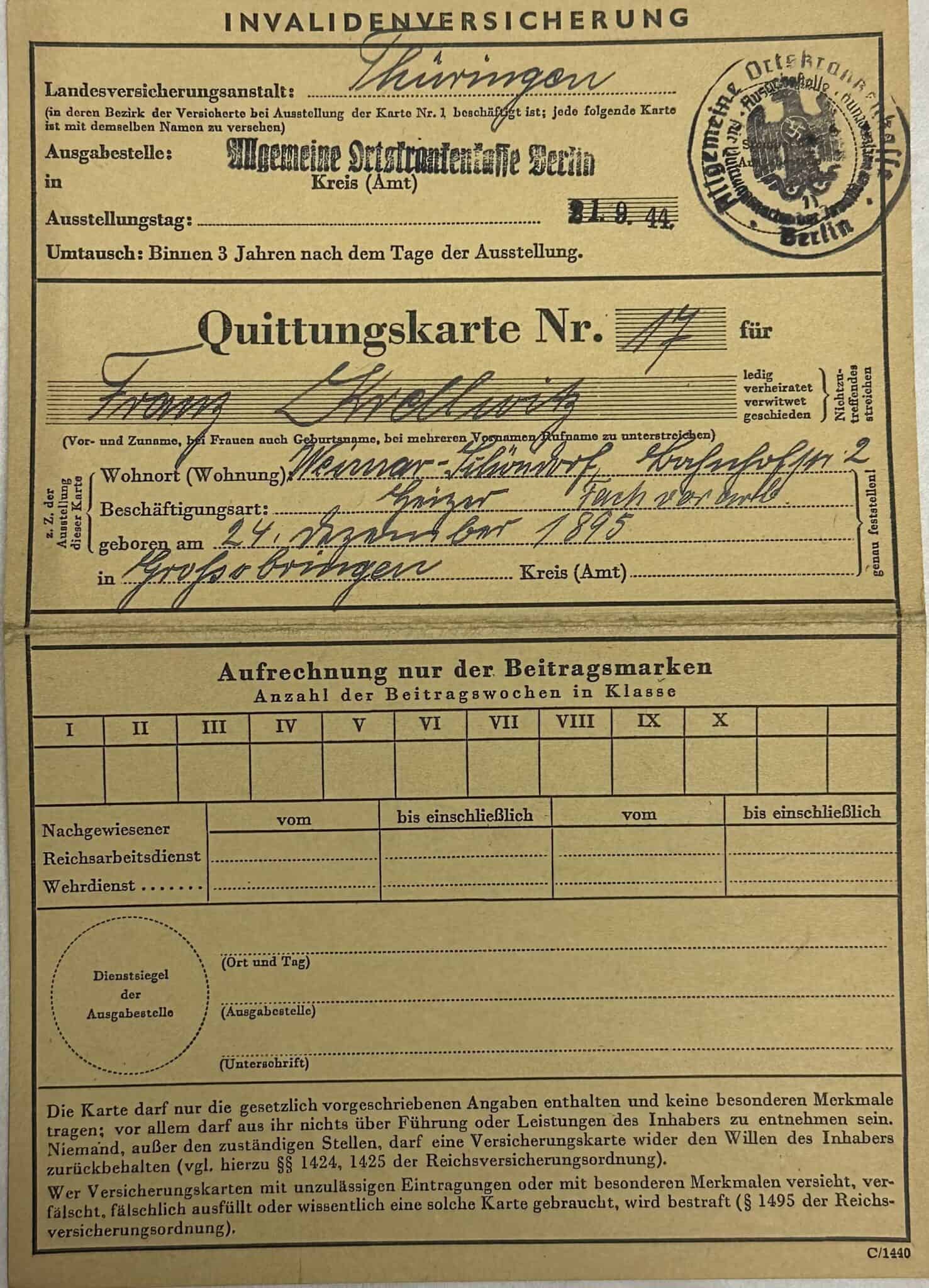 WW2 German Income Tax 1944 & Two Disability Insurance Certificates ...