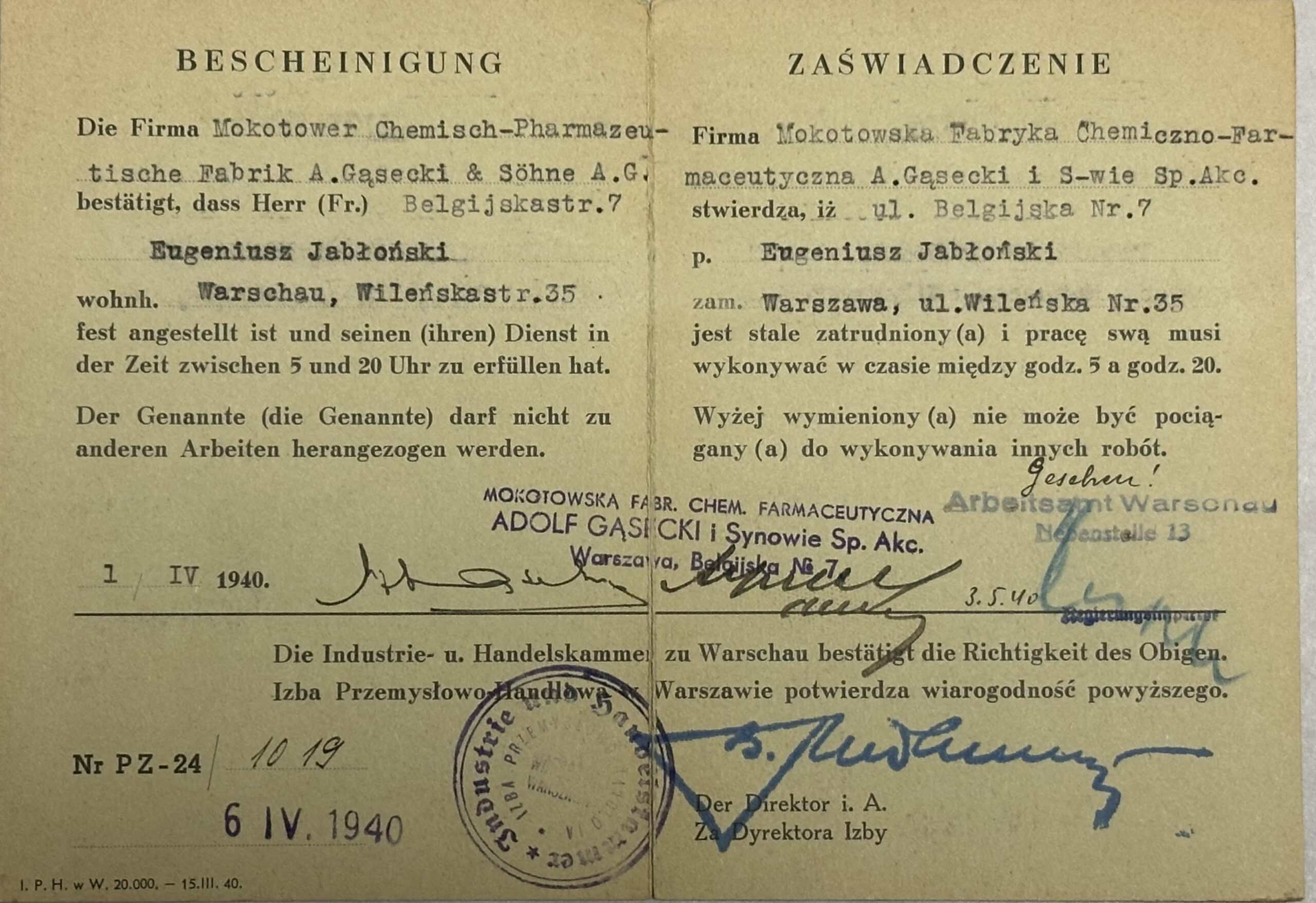 WW2 German Occupied Warsaw Work Permit - Enemy Militaria