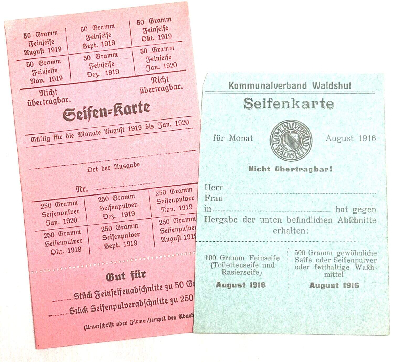 WW1 German Imperial Soap Ration Cards 1916 & 1919 -1920 - Enemy Militaria