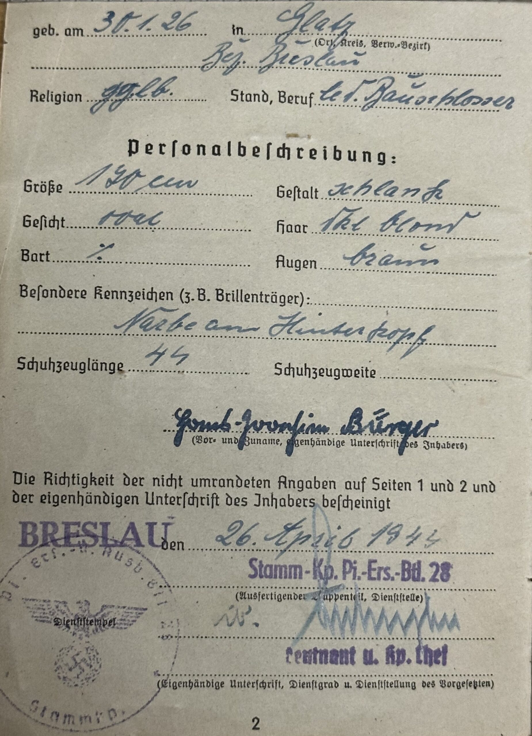 WW2 German Pioneer Soldbuch April 1944 to 18 Year Old - Enemy Militaria