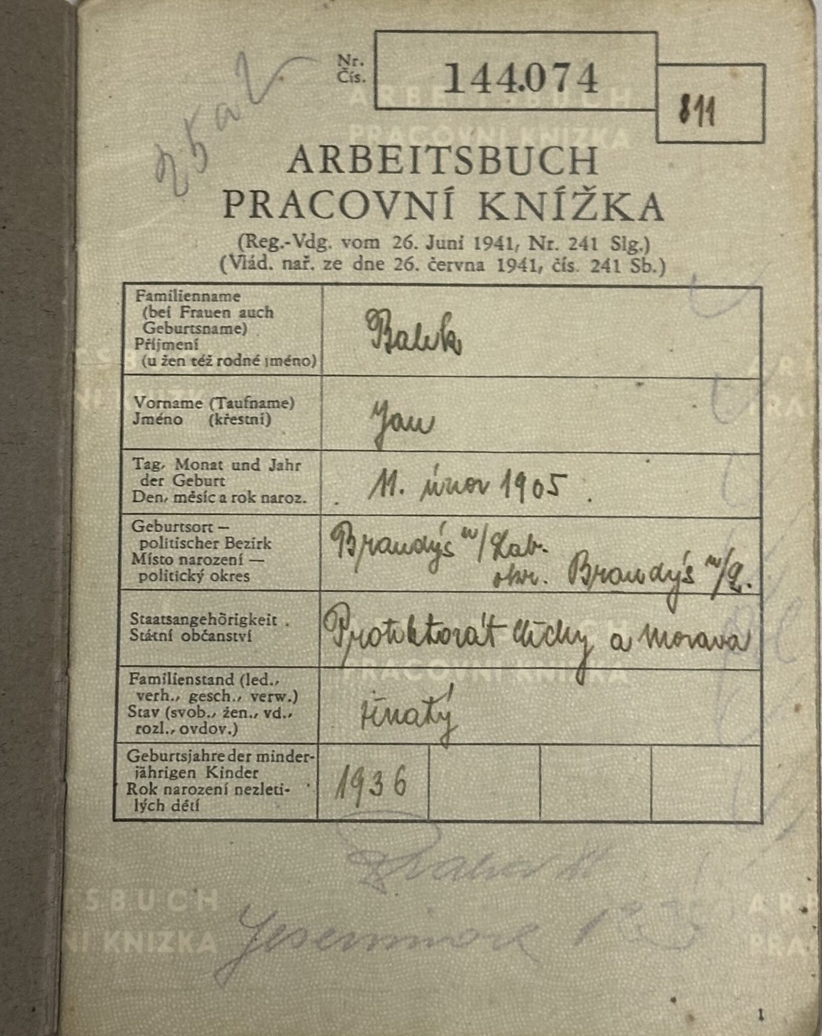 WW2 German Arbeitsbuch for Occupied Czechoslovakia Protectorate of ...