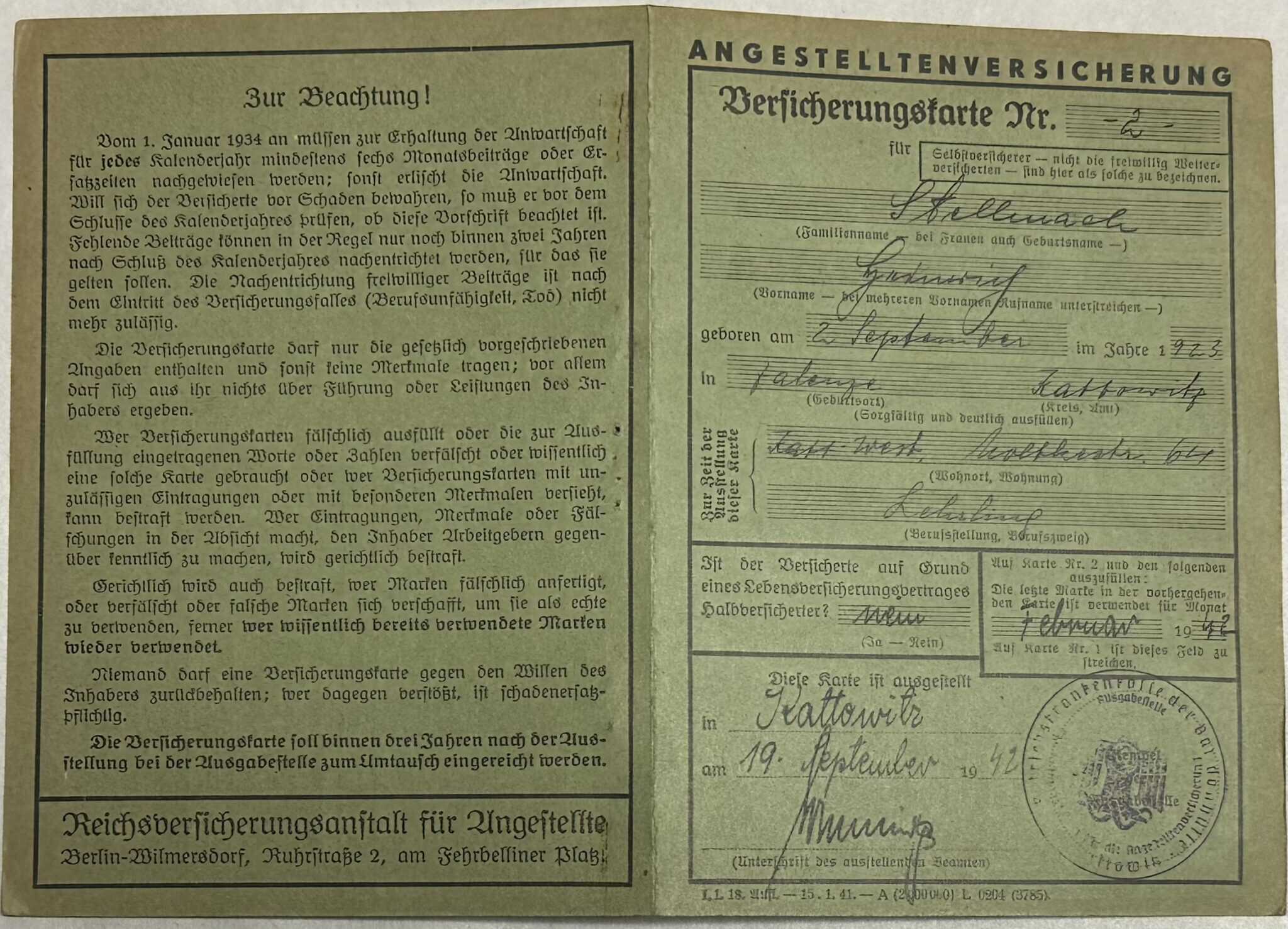 WW2 German Insurance Policy 1942 for 21 year Old - Enemy Militaria