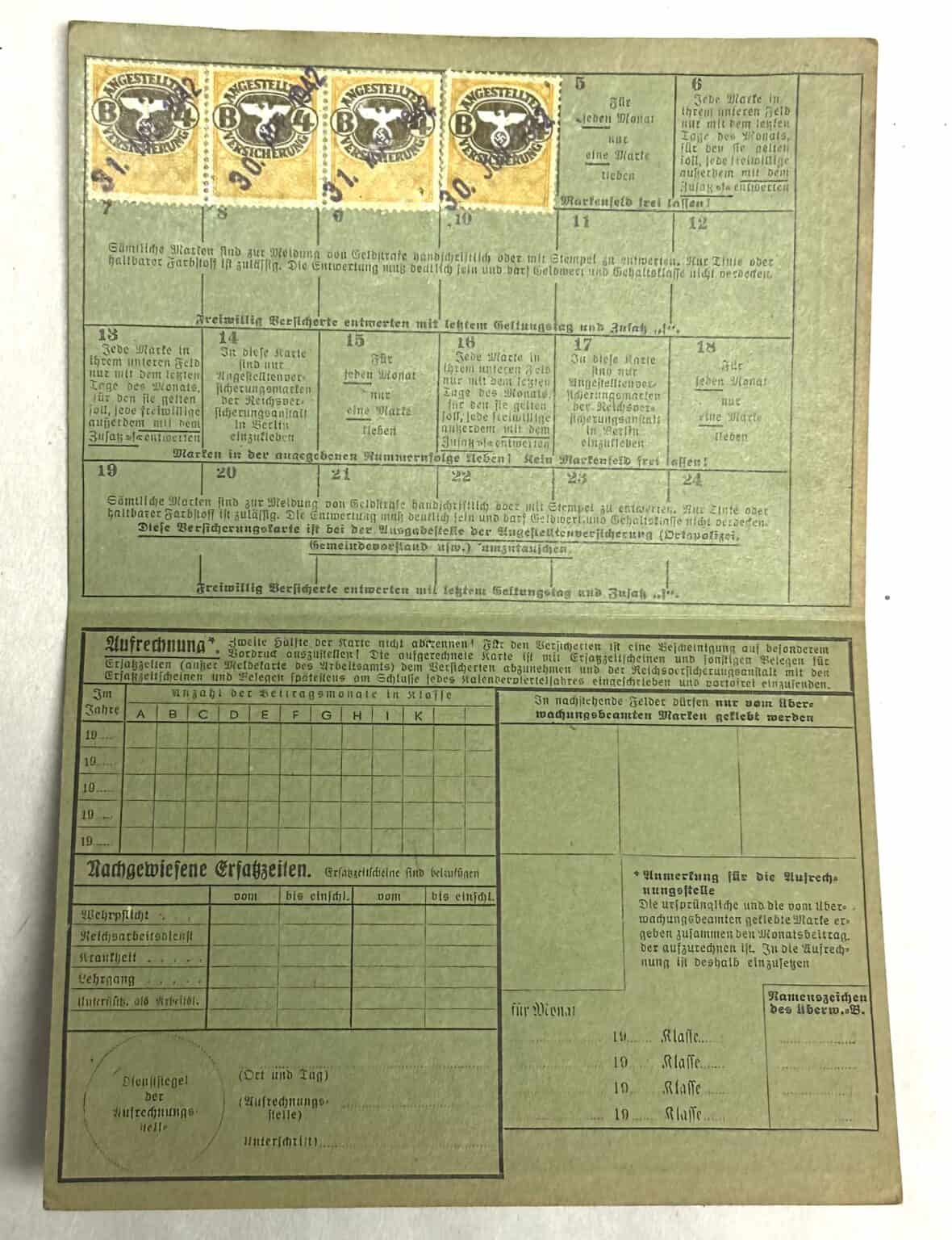 WW2 German Insurance Policy 1942 for 21 year Old - Enemy Militaria