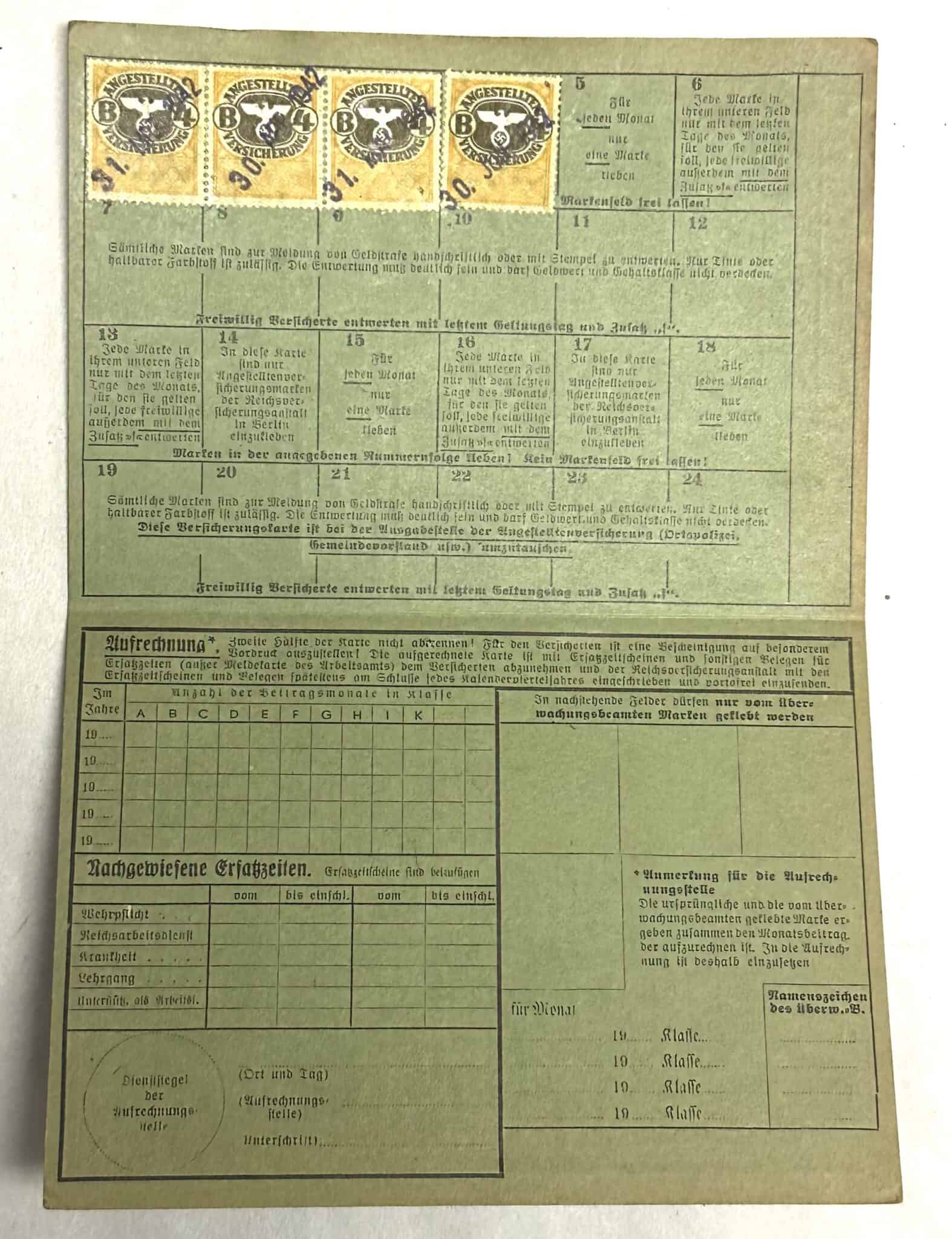 WW2 German Insurance Policy 1942 for 21 year Old - Enemy Militaria